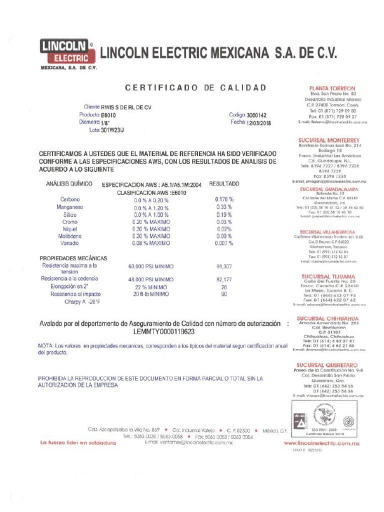 Certificado Soldadura 6010 1 8 y 7018 3 32 | PDF