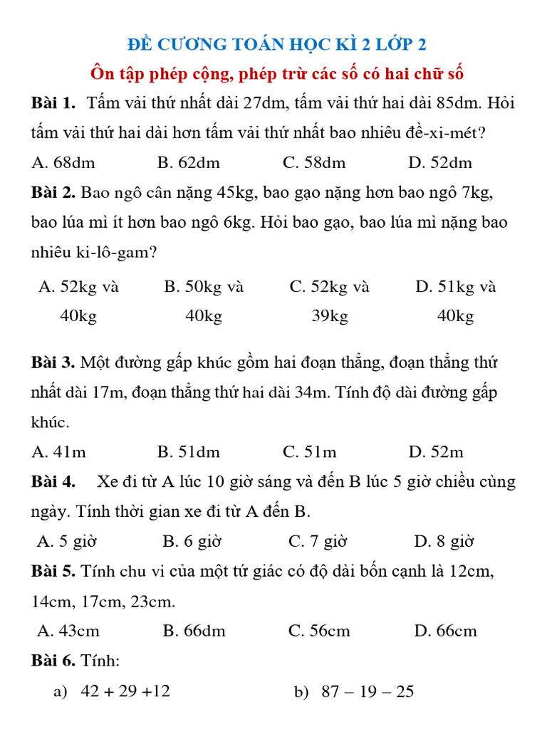 ĐỀ CƯƠNG TOÁN 2 HK2 | PDF