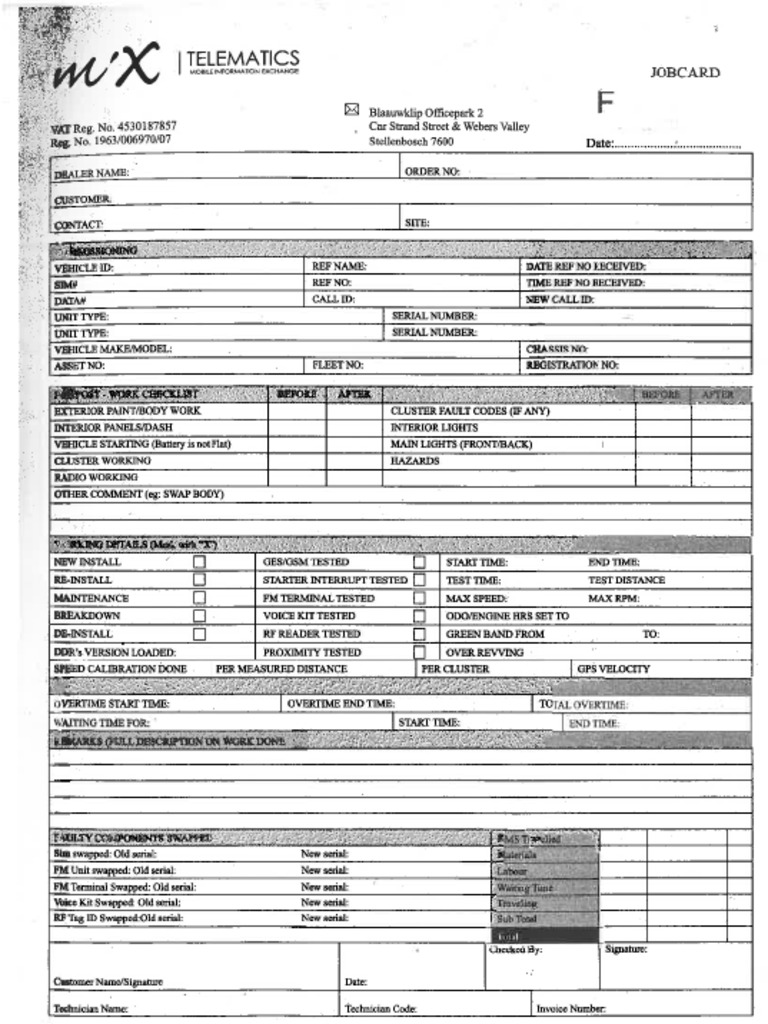 MiX Telematics Job Card | PDF