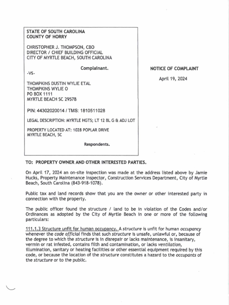Notice of Complaint Against 1028 Poplar Drive | PDF