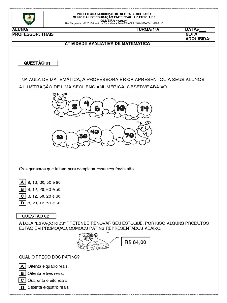 Prova Matemática 2 Bimestre Pdf