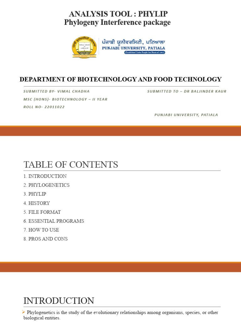 Vimal Roll No 2211022 ANALYSIS TOOL. PHYLIPpptx | PDF | Phylogenetic ...
