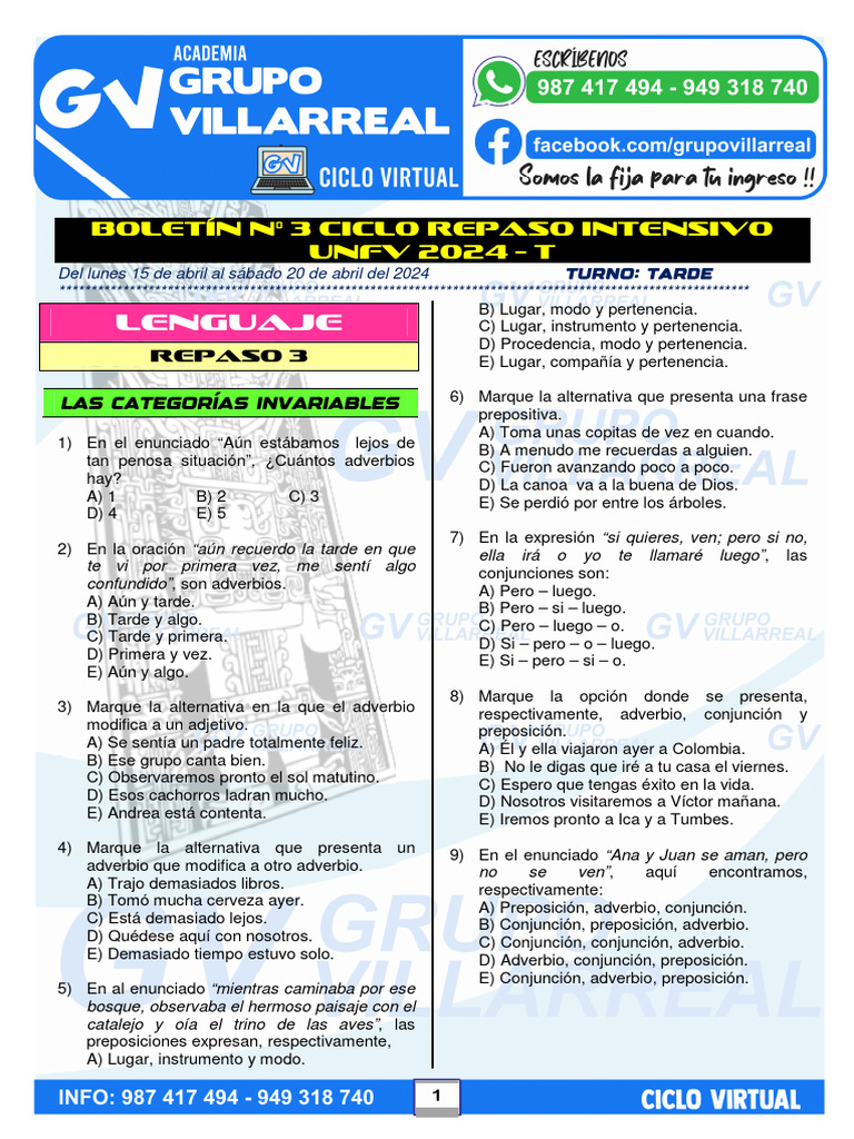 Boletín #3 Repaso Intensivo Abril 2024 (Tarde) | PDF | Oración (Lingüística)