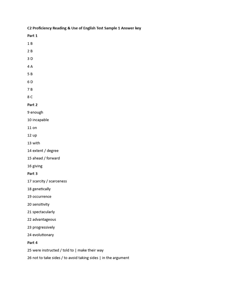 c2 Proficiency Reading Use of English Test Sample 1 Answer Key | PDF ...
