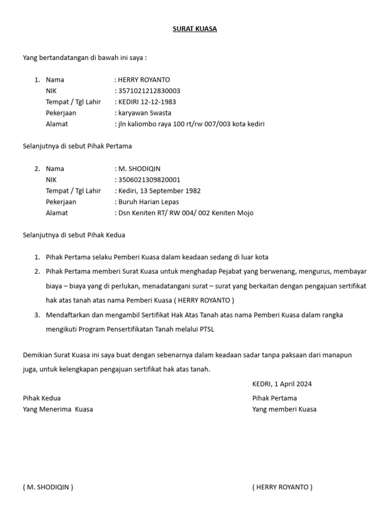 Surat Kuasa Mengurus PTSL Tanah Keniten | PDF