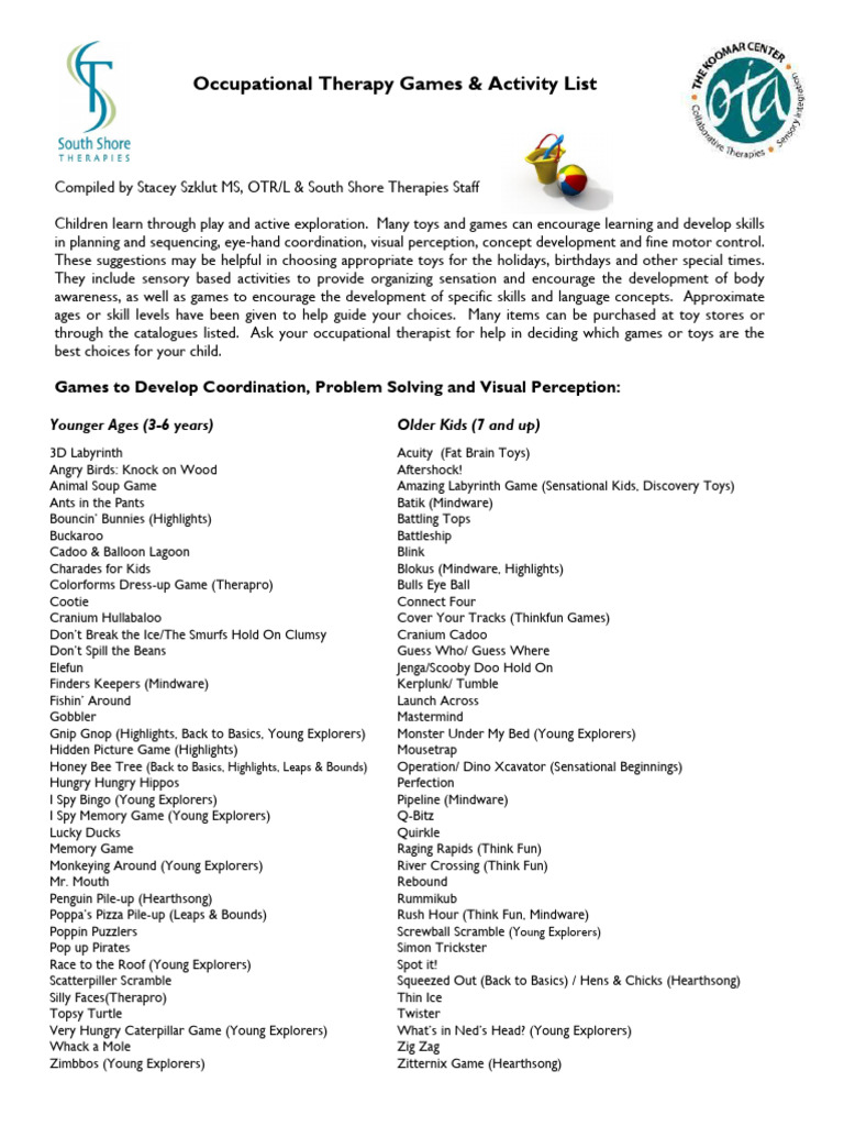 Occupational Therapy Game Suggestions | PDF | Toys