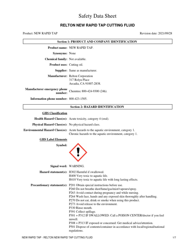 Relton New Rapid Tap SDS Summary | PDF | Dangerous Goods | Toxicity