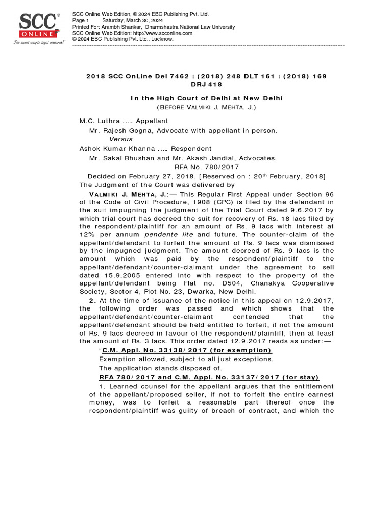 M.C. Luthra vs Ashok Kumar Khanna | PDF | Damages | Breach Of Contract M.C. Luthra vs Ashok Kumar Khanna | PDF | Damages | Breach Of Contract