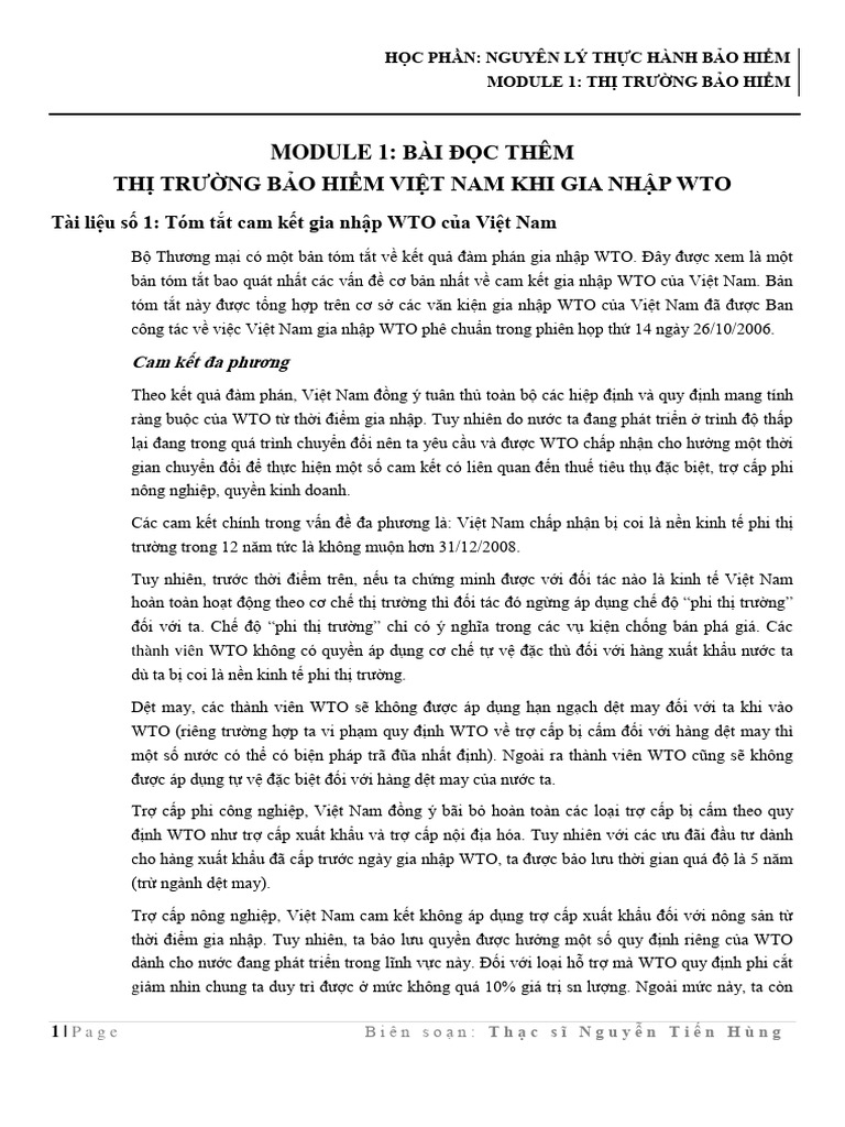 Giao Trinh Thi Truong Bao Hiem - Module 1-Thi Truong Bao Hiem Viet Nam Khi Gia Nhap WTO | PDF