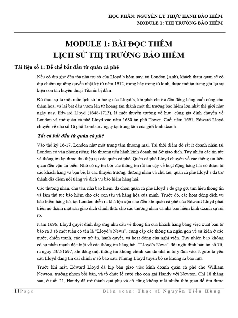 Giao trinh Thi truong bao hiem_Module 1-Lich su thi truong bao hiem | PDF