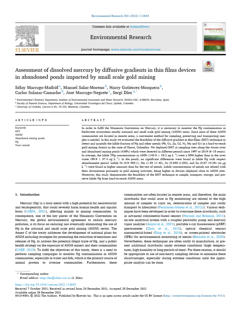 DGT Technique for Mercury in Chocó Ponds | PDF | Detection Limit ...