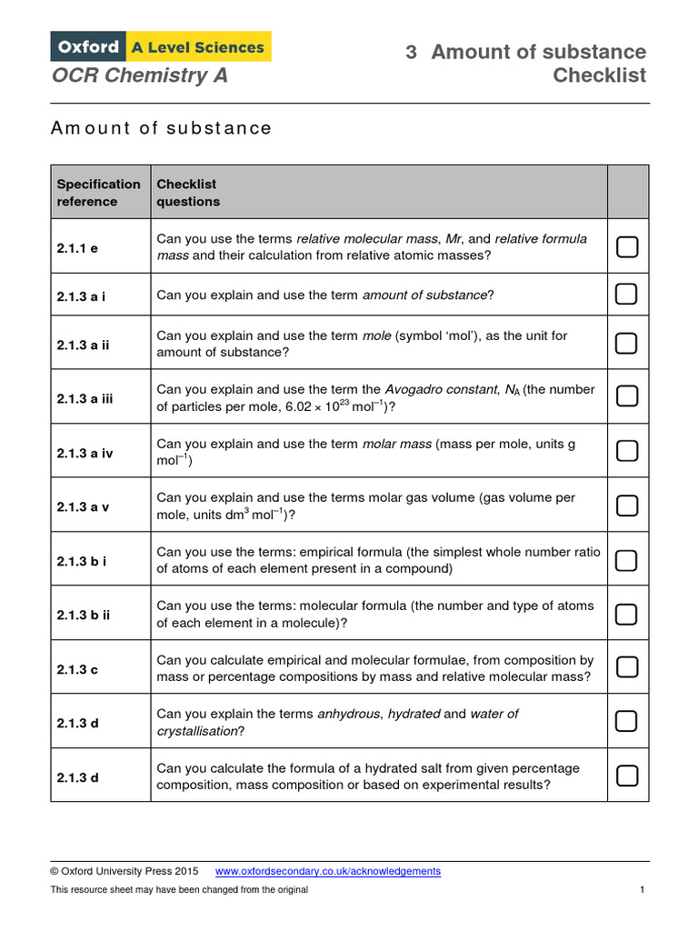 Amount of Substance Checklist | PDF | Mole (Unit) | Molecules