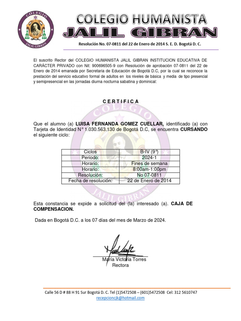 Certificado Luisa Fernanda Gomez Cuellar - Jalil Bosa | PDF