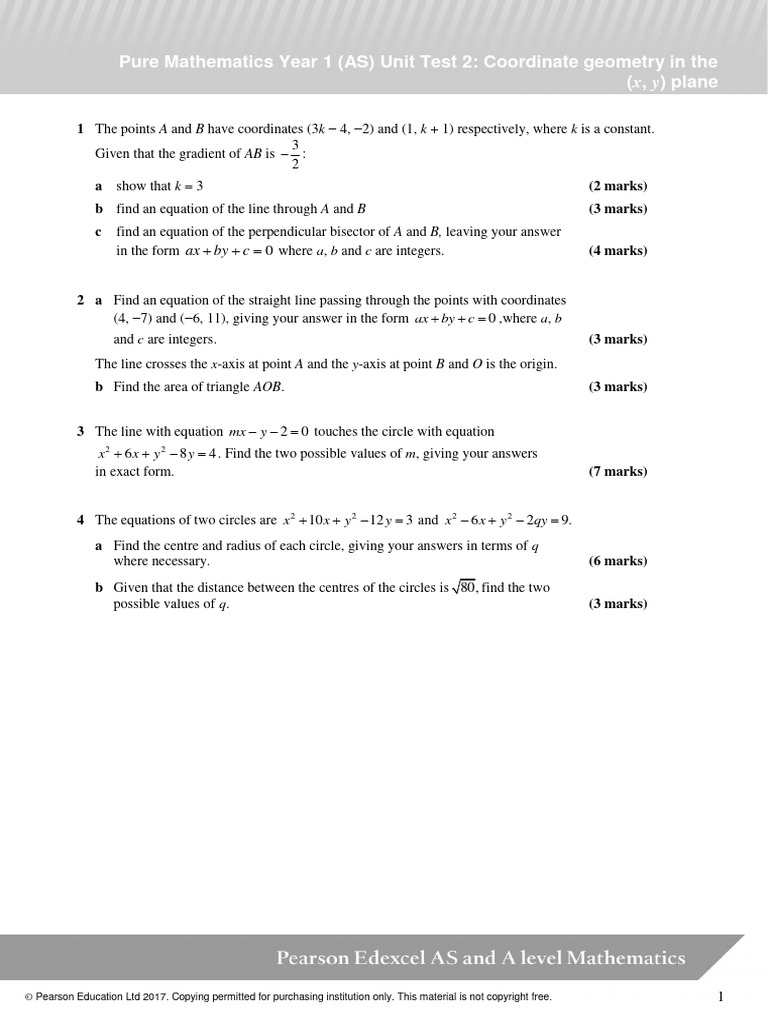 Pure Maths Year 1 End of Unit Test 2 | PDF | Circle | Equations