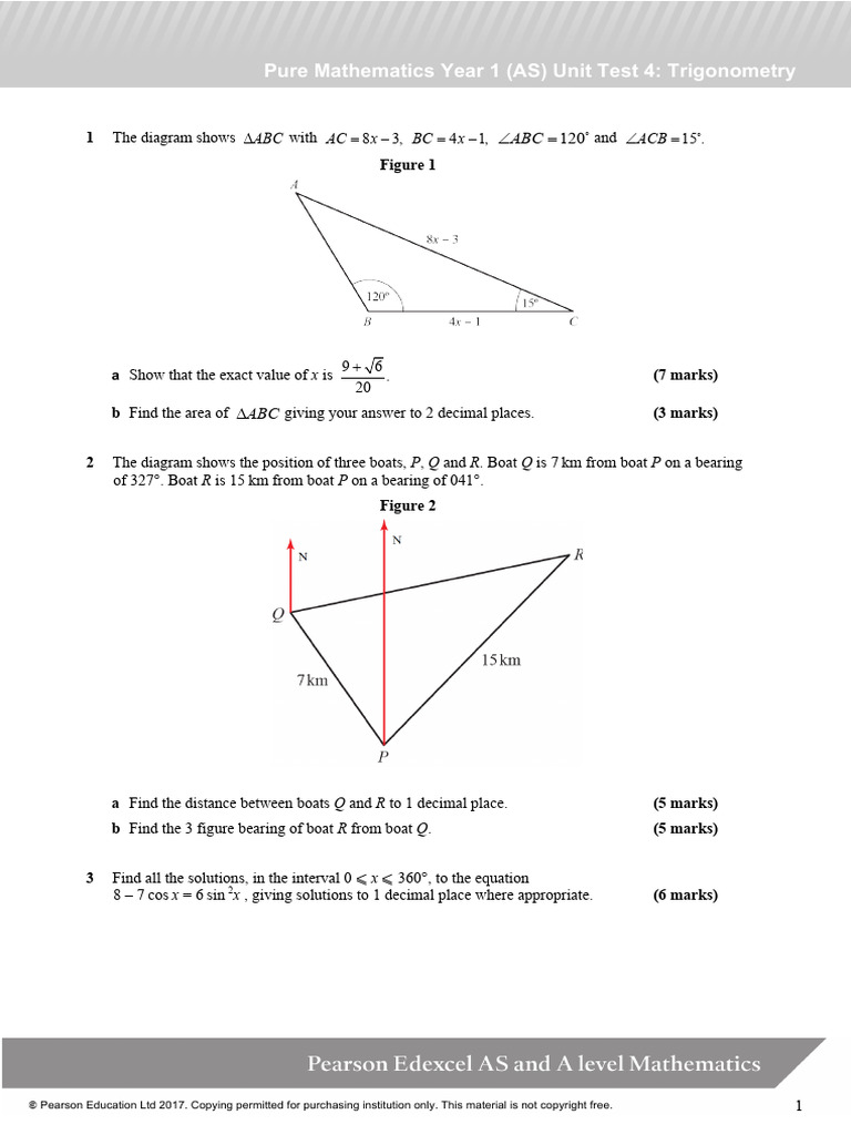 Pure Maths Year 1 End of Unit Test 4 | PDF | Equations | Mathematics
