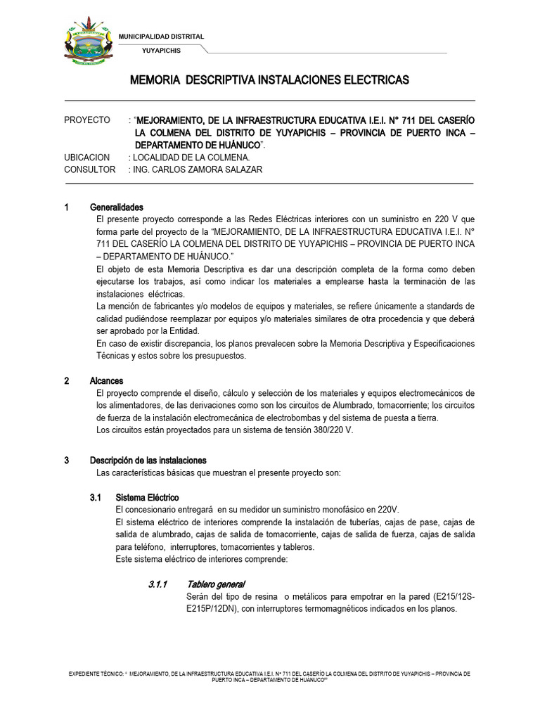 Memoria Descriptiva Electricas IEI 711 | PDF | Enchufes y tomas de corriente alterna | Cableado ...