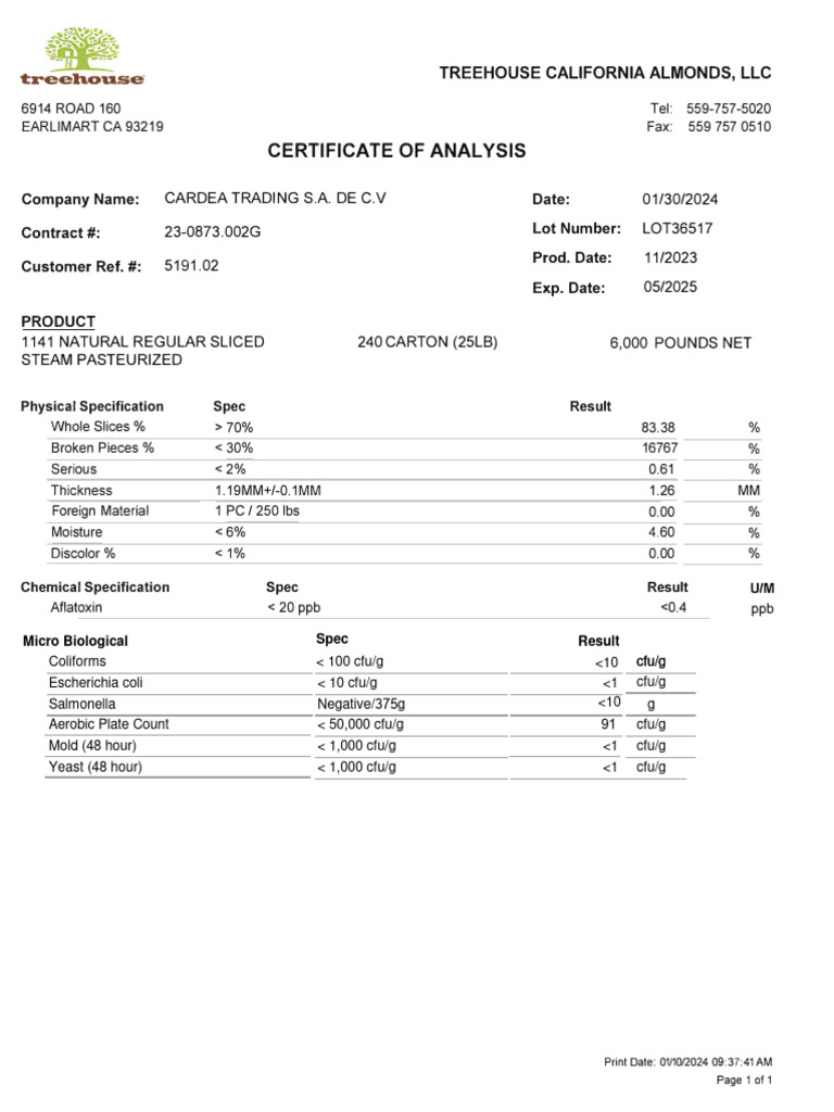 COA LOT36517 Natural Regular Sliced | PDF | Cannabis