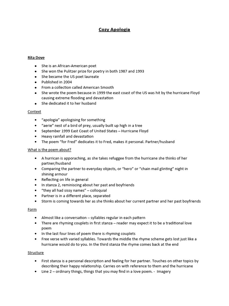 Cozy Apologia Poem by Rita Dove Analysis English Lit GCSE | PDF ...