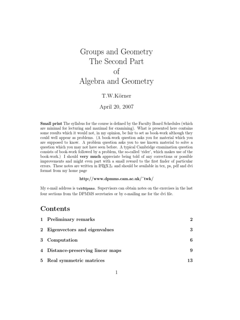 Groups and Geometry in Algebra | PDF | Eigenvalues And Eigenvectors ...
