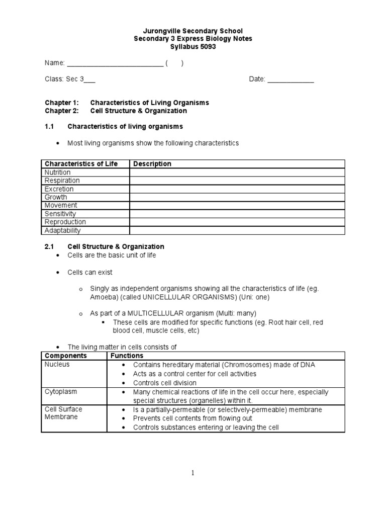 Chapter 2 Cell Structure & Organization - Lecture Notes | PDF | Cell ...