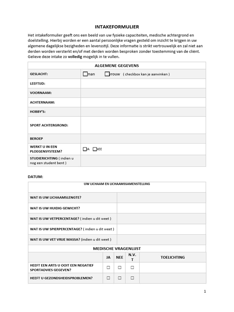 Intakeformulier Template | PDF