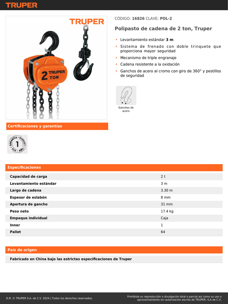 Polipasto de cadena 2 ton Truper 3 m | PDF | Bienes manufacturados