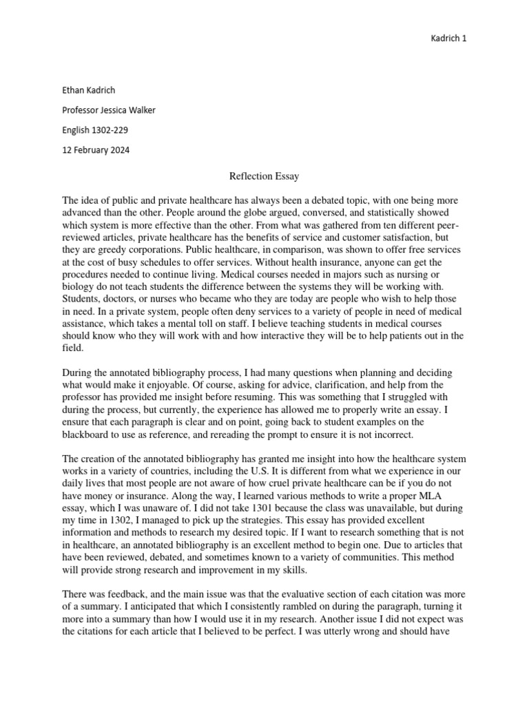 Reflection Essay | PDF | Citation | Nursing