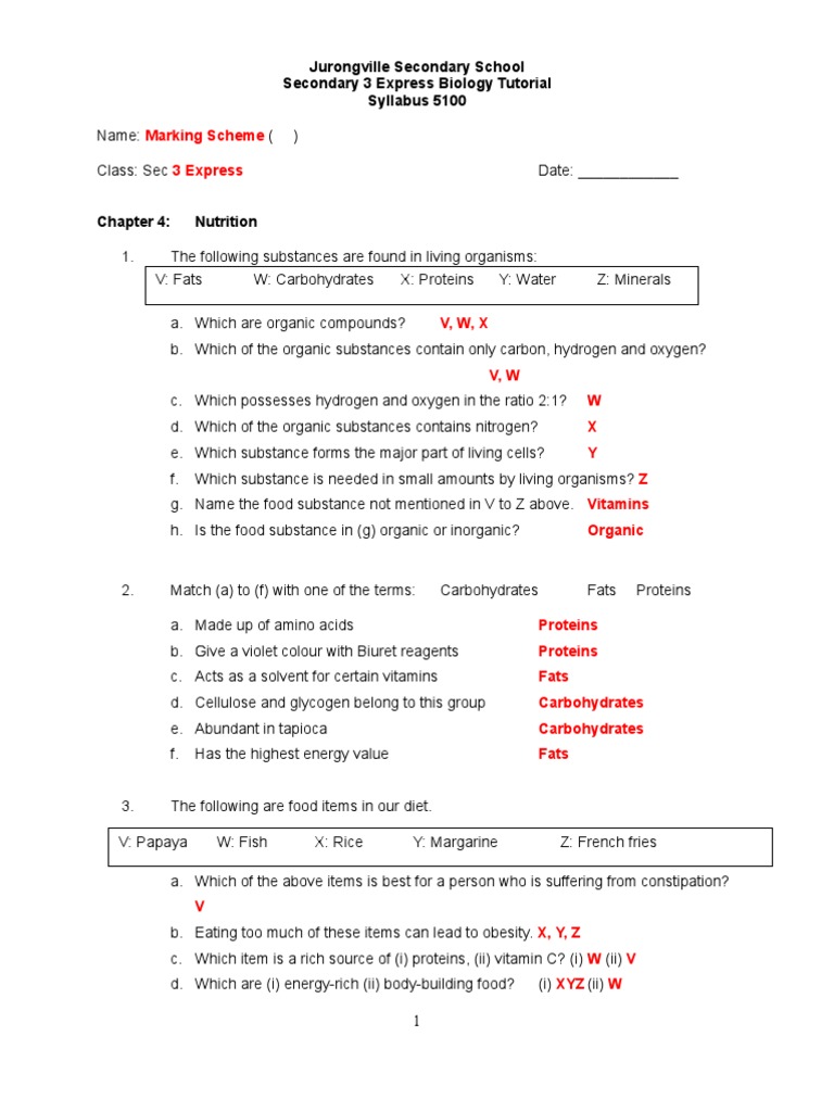 Chapter 5 Nutrition - Tutorial Answers) | PDF