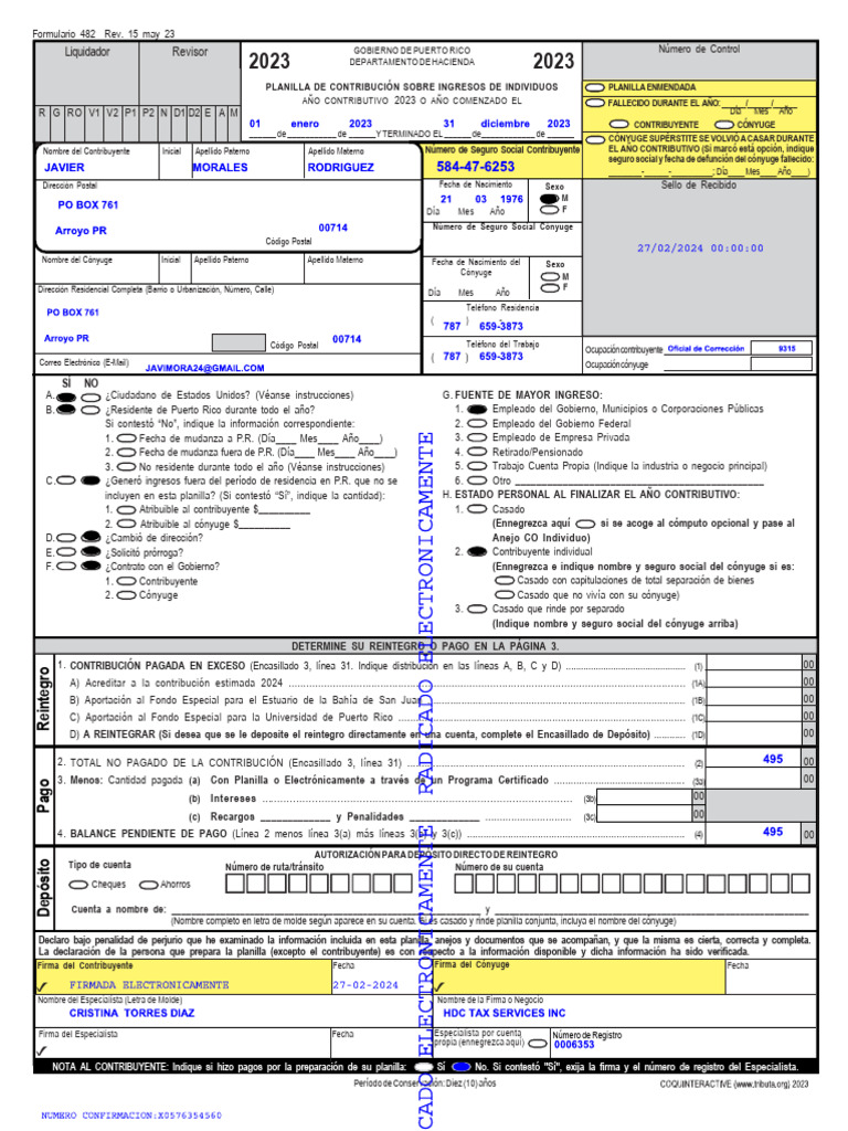 Javier Morales Rodriguez - PR Tax Return 2023 | PDF