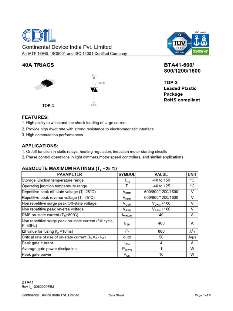 Triak Bta41 600bw 600v 40a Top3 50ma THT Datasheet | Download Free PDF ...