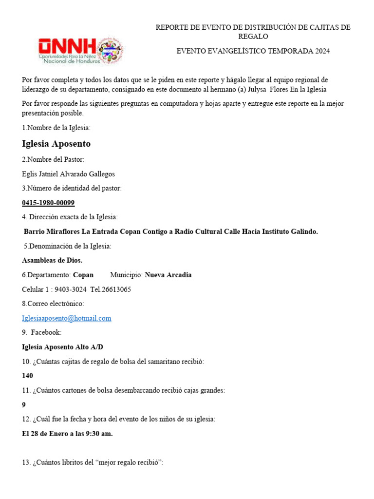 Reporte de Evento de Distribución de Cajitas de Regalo Evangelístico Temporada 2020 | PDF