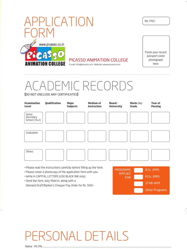 Picasso Animation College Application Form | PDF