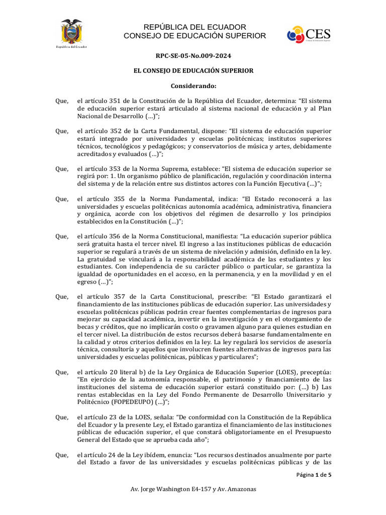 RPC SE 05 No.009 2024 | PDF | Educación más alta | Ecuador