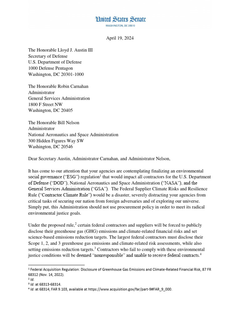 Sen. Eric Schmitt: Contractor Rule Letter To GSA, NASA, and DOD ...