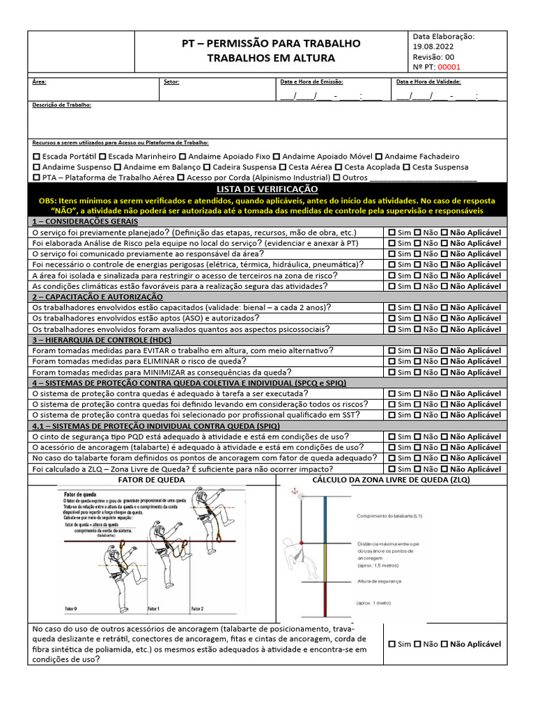 PT - Permissão para Trabalho_NR 35 Trabalho em Altura | PDF