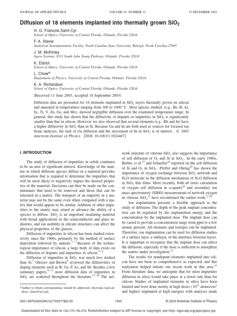 Diffusion in SiO | PDF | Silicon Dioxide | Silicon