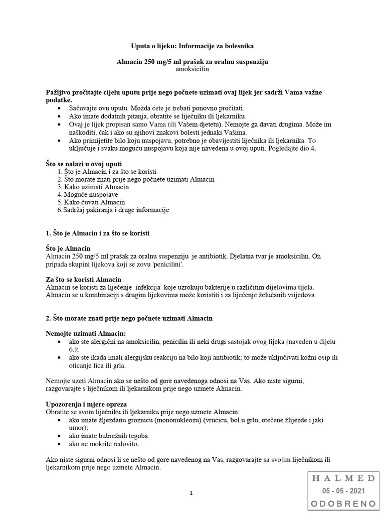 Almacin 250 MG 5 ML Prasak Za Oralnu Suspenziju PIL | PDF
