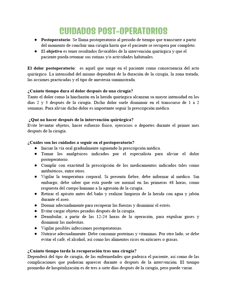 Cuidados Post-Operatorios | PDF | Alimentos | Cirugía