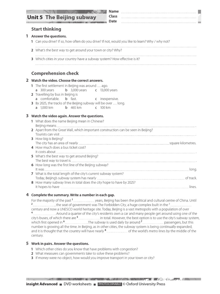Insight Advanced DVD Worksheets Unit 5 | PDF | Beijing | Traffic Congestion