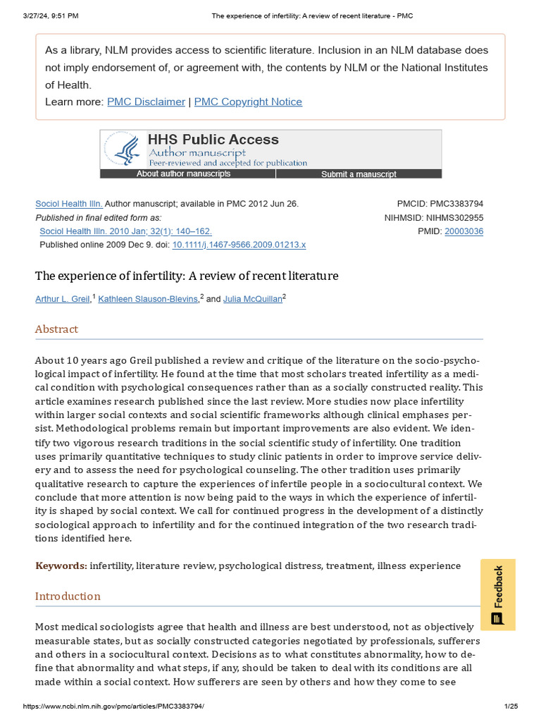 The Experience Of Infertility A Review Of Recent Literature Pmc Pdf