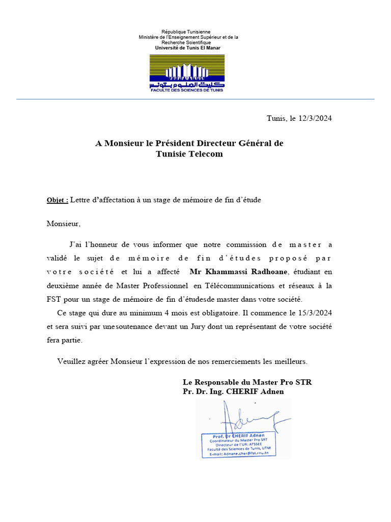 Lettre d'affectation de stage à Tunisie Telecom | PDF