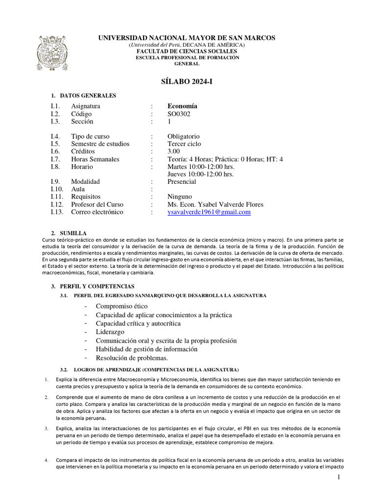 Silabo Economia 2024 1 Unmsm Ysabel Valverde Flores Pdf Microeconomía Oferta Economía 