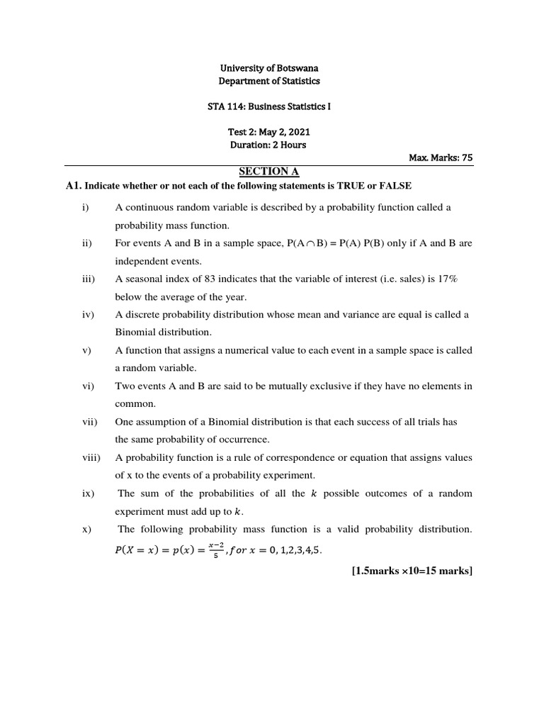 STA 114 Test2 2021 | PDF | Probability Distribution | Random Variable