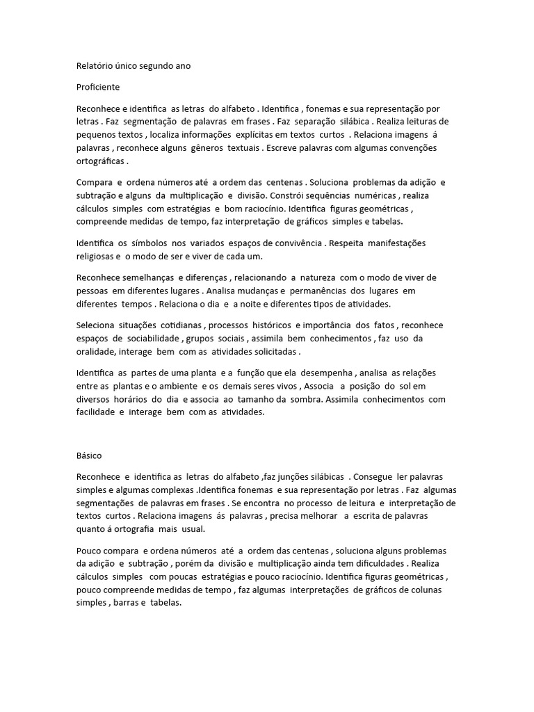 Relatório Único Segundo Ano | PDF | Alfabetização | Linguística