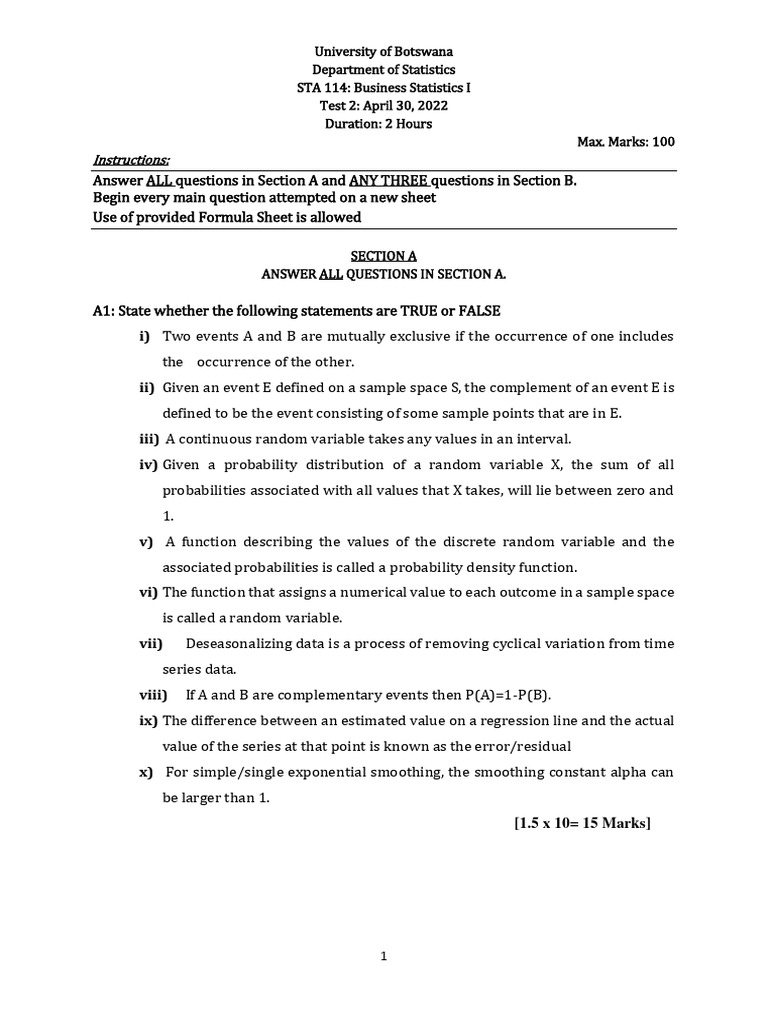 STA 114 Test 2 30th April 2022 - Question Paper | PDF | Probability ...