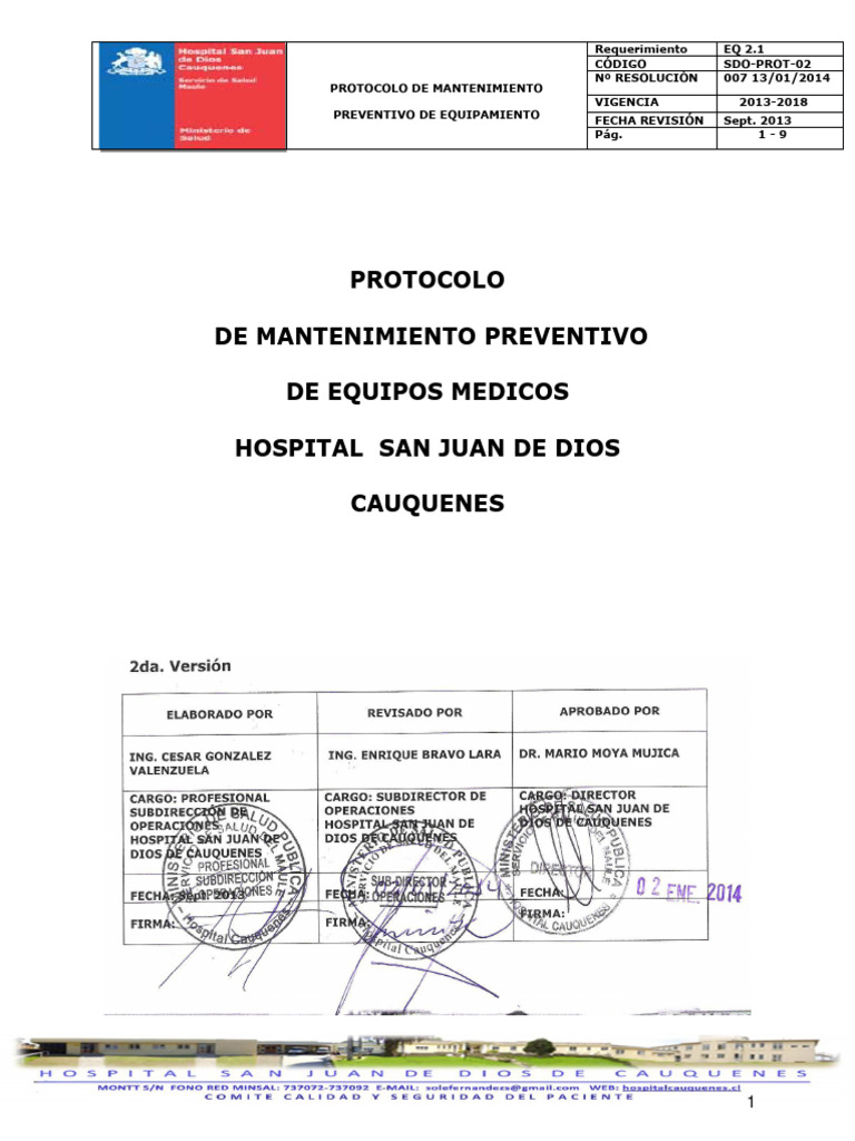 Protocolo de Mantenimiento Preventivo de Equipos Medicos Hospital San Juan de Dios Cauquenes ...