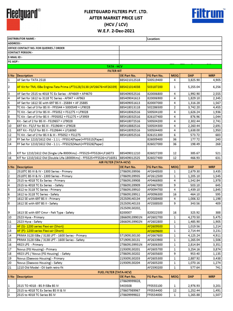 Fleetguard PL-HCV LCV-Dec-21 With OEM (Important) | PDF | Vehicles ...