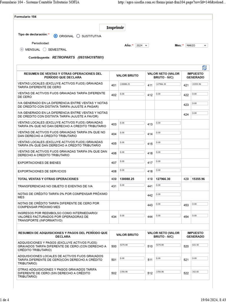 Formulario 104 - Sistema Contable Tributario SOFIA | PDF | Impuesto al ...