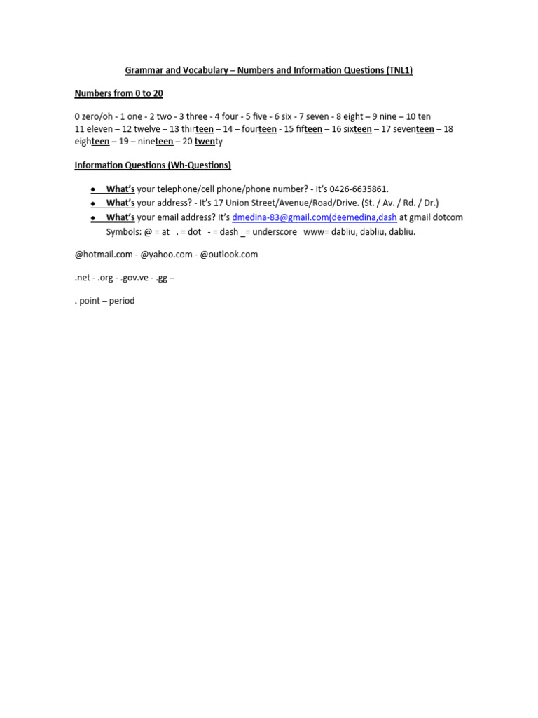 Numbers and Information Questions Guide | PDF