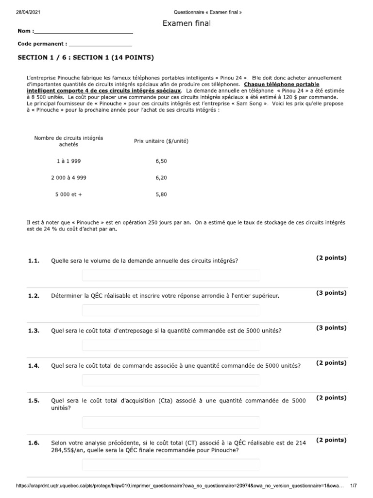 Questionnaire Examen Final 2021 | PDF